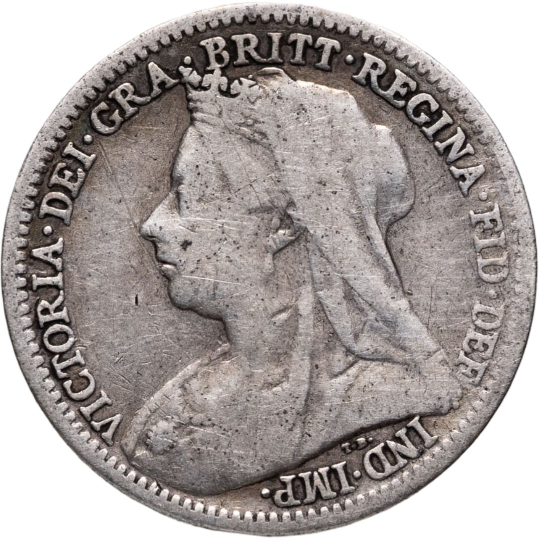 Великобритания 3 пенса pence 1900, Серебро 925, в сохранности VF