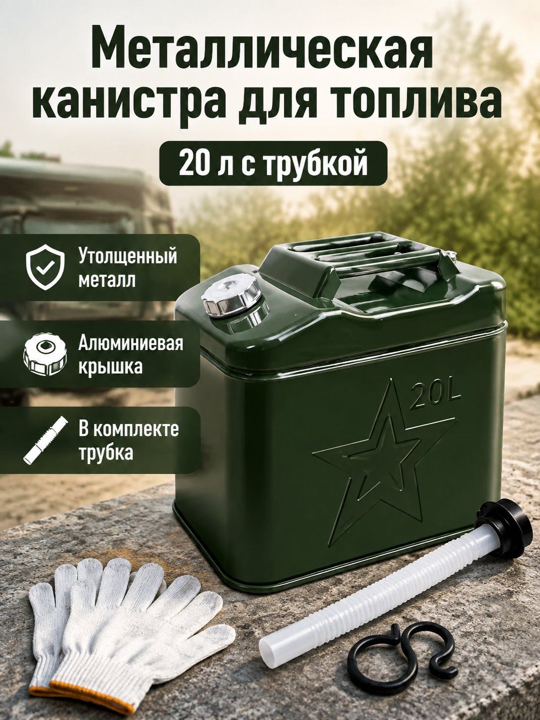 Канистра топливная квадратная алюминиевая крышка 20 л с трубкой, военный зеленый