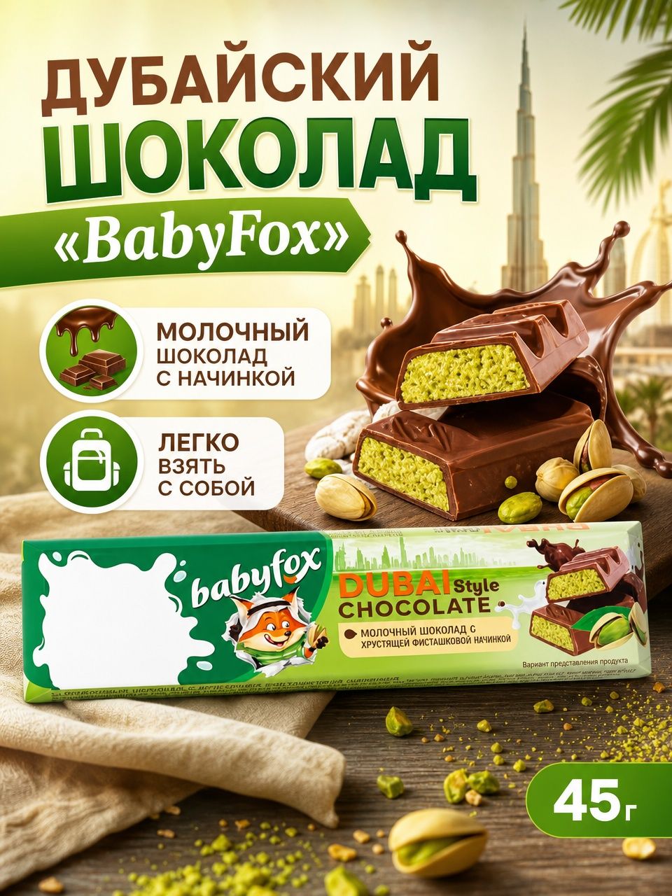 Дубайский шоколад BabyFox , 45 г x 1 шт