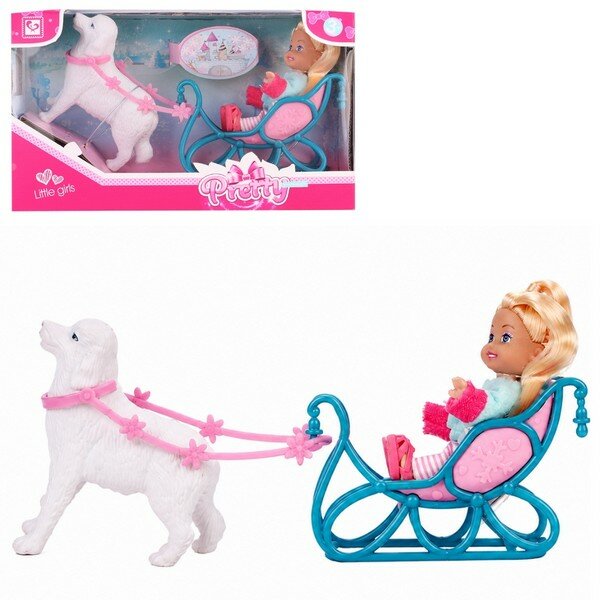 Игровой набор "Кукла с питомцем" куколка, санки, питомец, в коробке 25*7,3*14,5 см