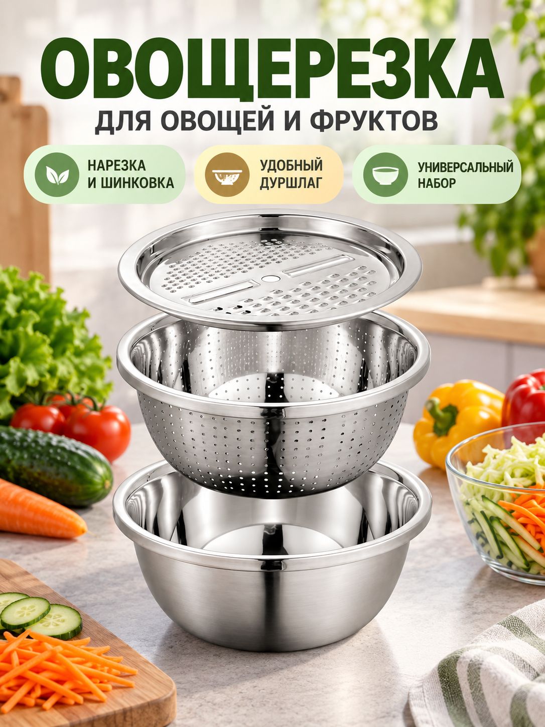 Комплект кухонных принадлежностей из 3 предметов: терка, дуршлаг и миска, 26 см, нержавеющая сталь
