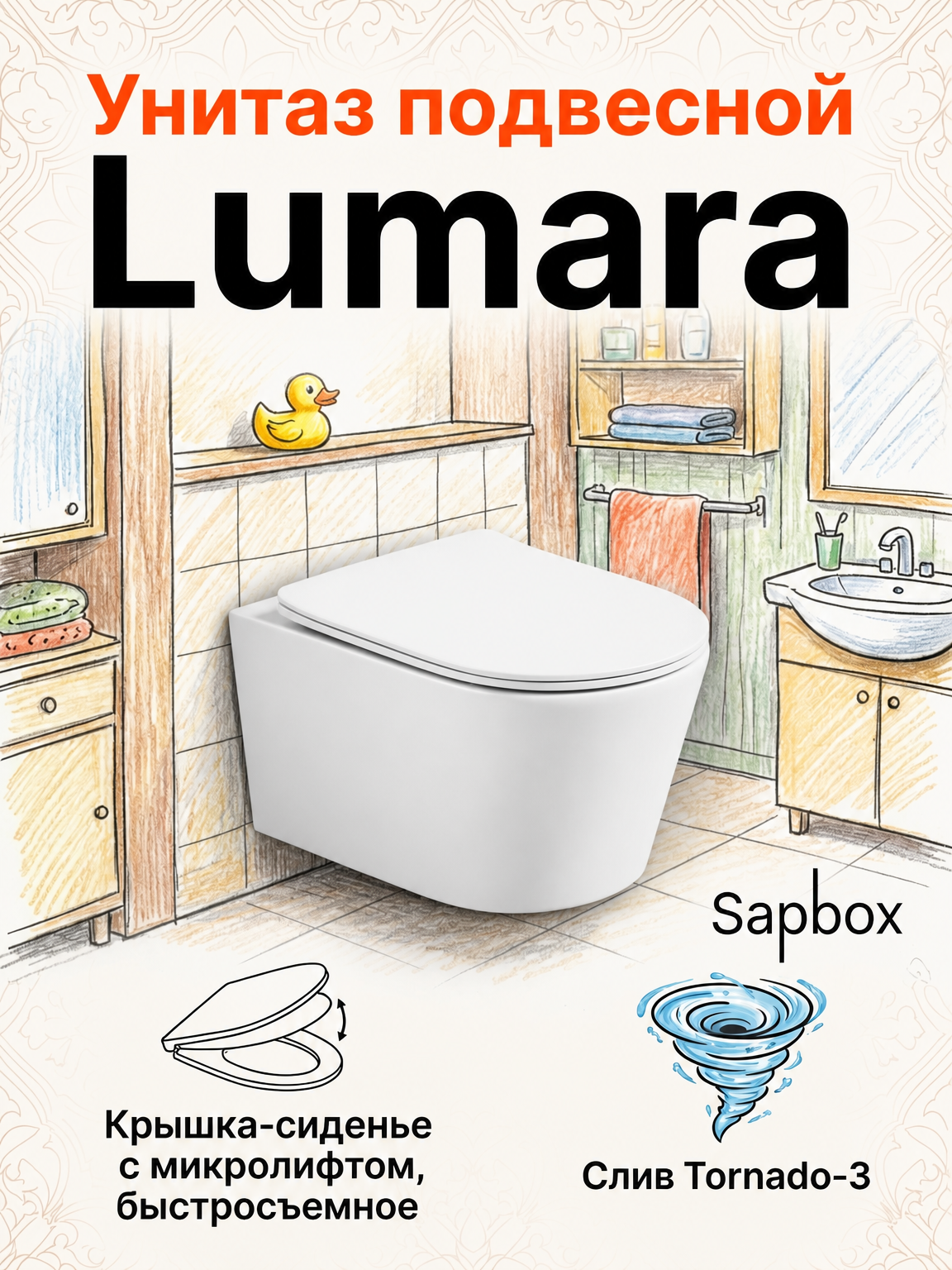 Унитаз подвесной Sapbox Lumara 1124T3-MW Tornado 3 матовый белый, 36х49х38,5 см.