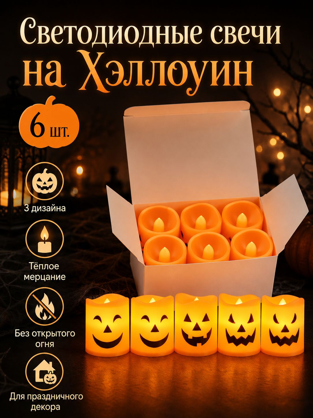 Светодиодные свечитыквы на Хэллоуин, набор 6 шт, 3 дизайна, тёплое мерцание, без открытого огня, праздничный декор