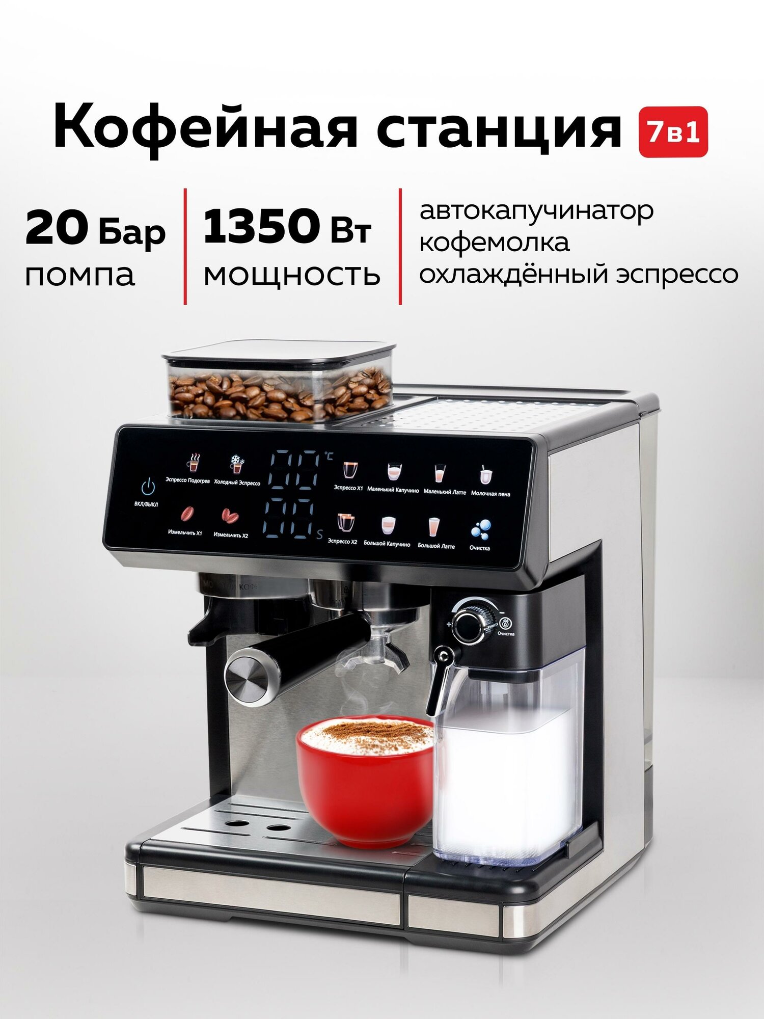Кофемашина 7 в 1, автоматический капучинатор и встроенная кофемолка
