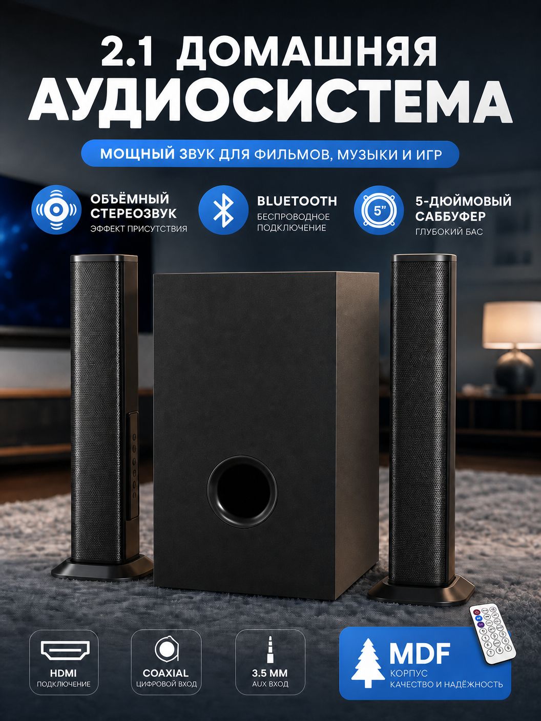 Домашняя аудиосистема 2.1 с сабвуфером 5", Bluetooth 5.4, HDMI (ARC), AUX, USB, 60 Вт, черная колонки для ТВ, кино и игр