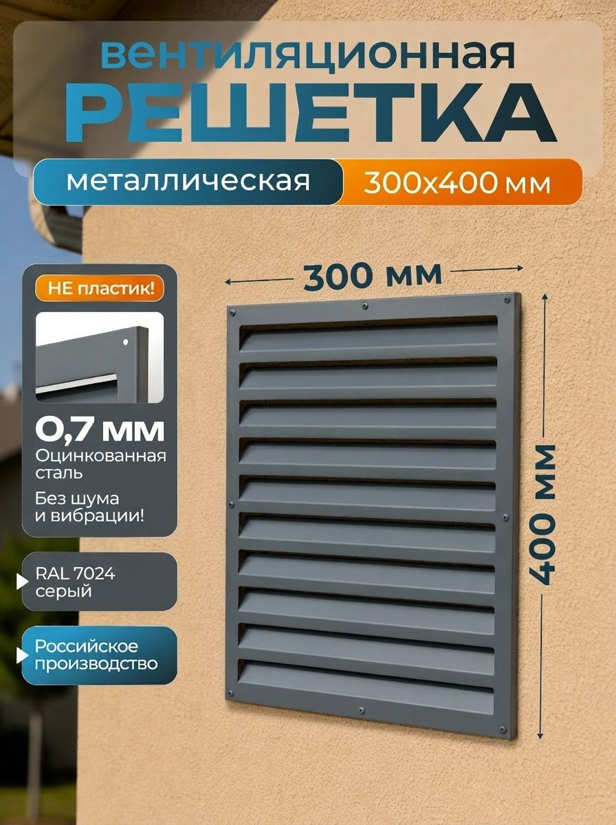 Решетка вентиляционная металлическая с полимерным покрытием 300мм*400мм. Графит RAL 7024