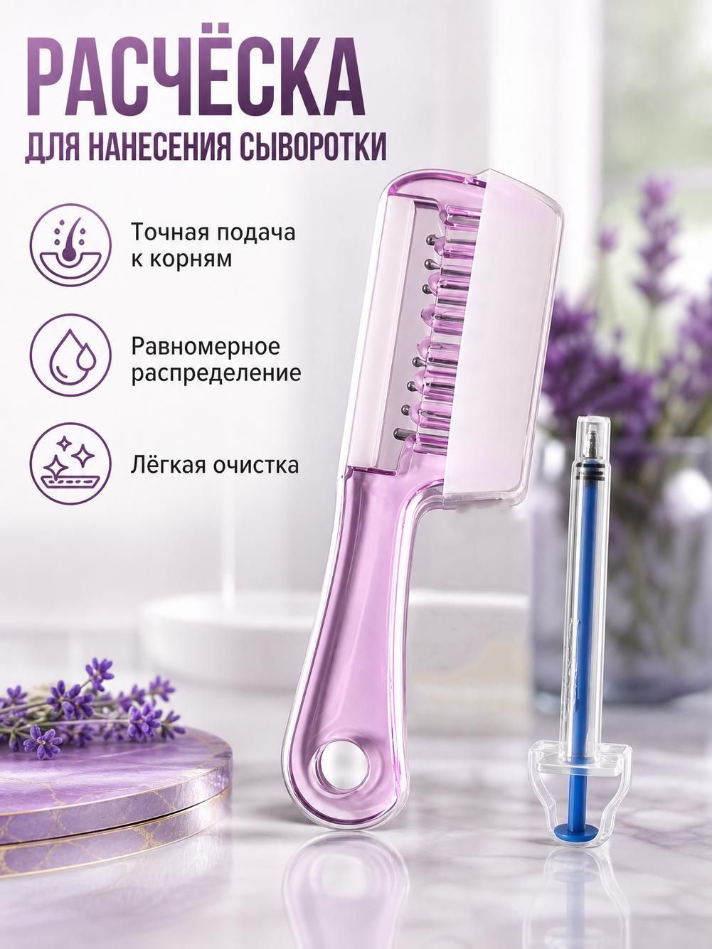 Расческа для ухода за кожей головы с трубкой для подачи жидкости.