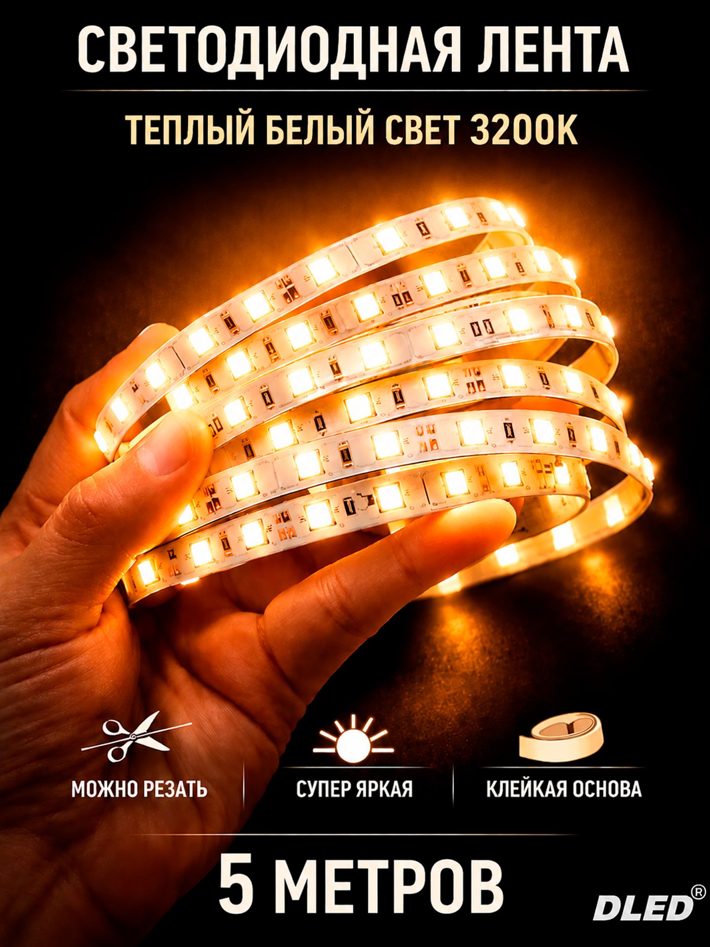 Лента Светодиодная Теплый Белый 3200K SMD 2835 (120 LED) 12V DC 48W - 5 метров