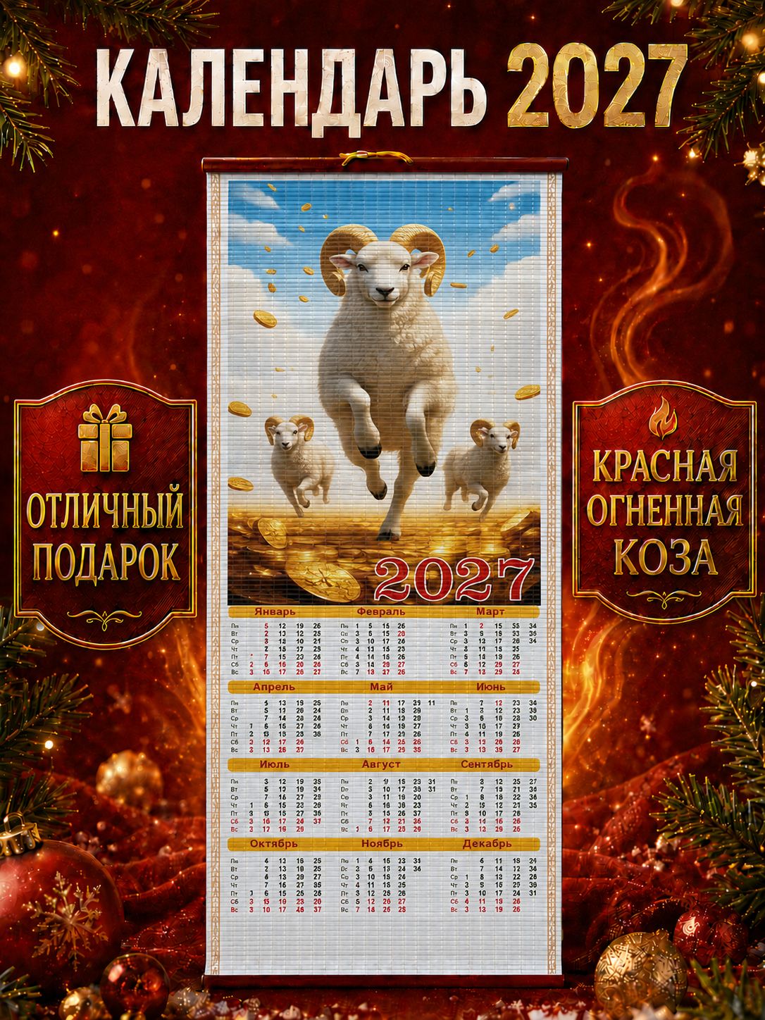 Настенный календарь 2027 год. Год козы 9. Бамбуковый. Символ года.