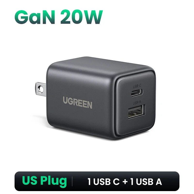 Ugreen GaN 20W US Plug, 1 USB C + 1 USB A