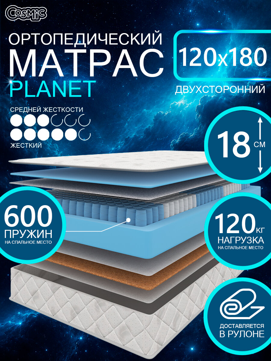 Матрас Cosmic Planet 120x180 см, пружинный, 2 степени жёсткости, высота 18 см, анатомическая поддержка