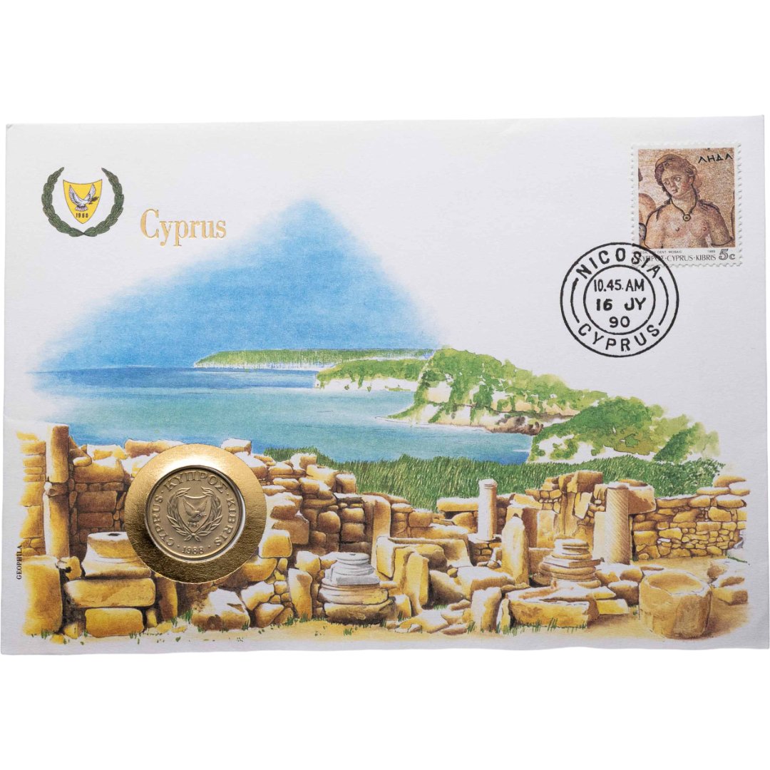 Кипр 5 центов cents 1988 в конверте с маркой, Латунь, в сохранности UNC
