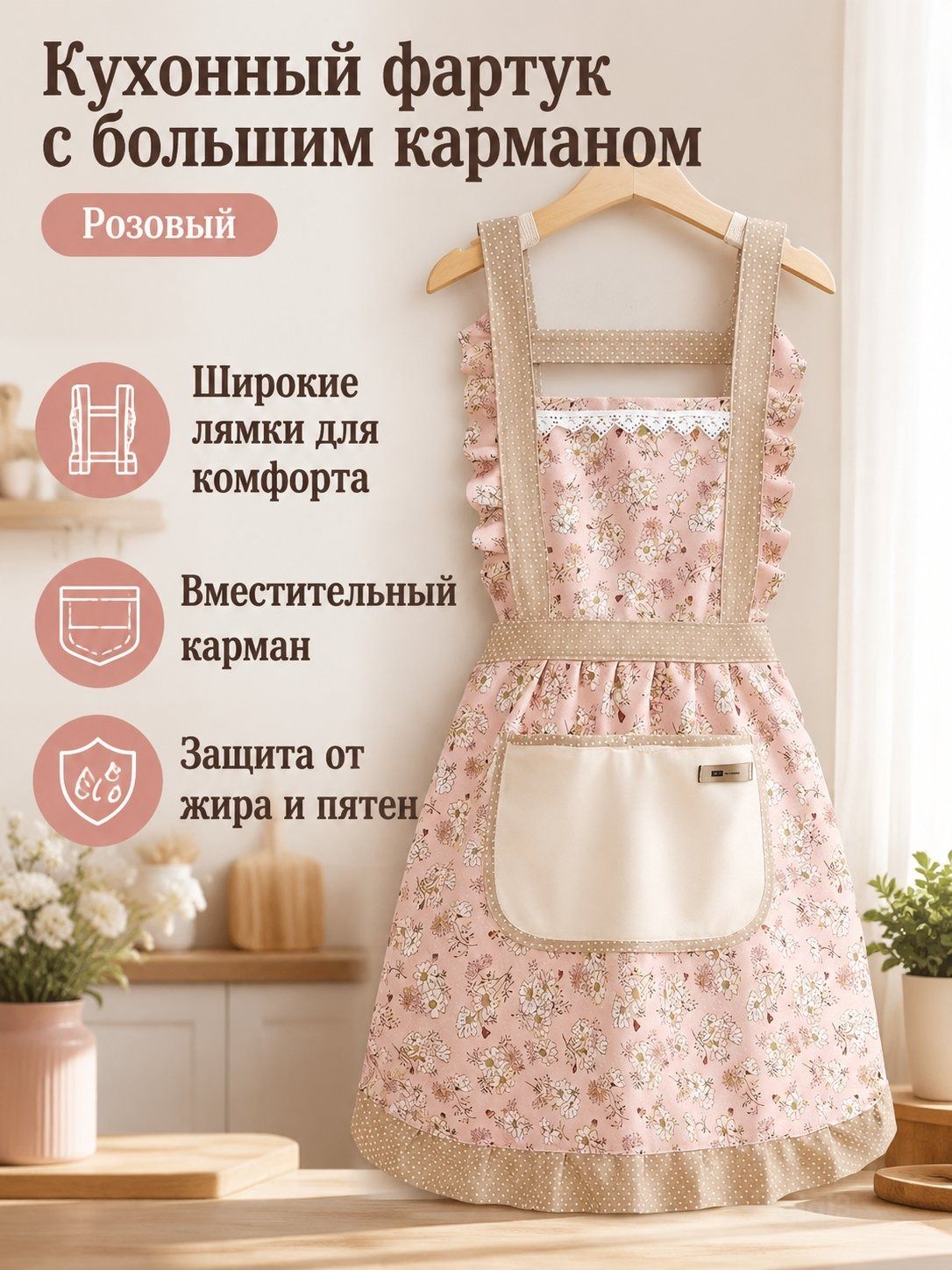 Фартук кухонный 1шт, Розовый с цветочным принтом и большими карманами