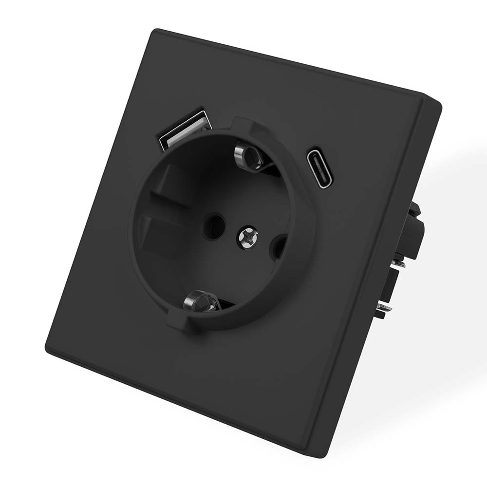 Розетка электрическая, черная, 1 пост, USB-A, USB-С, с рамкой Vell Air {V702086}