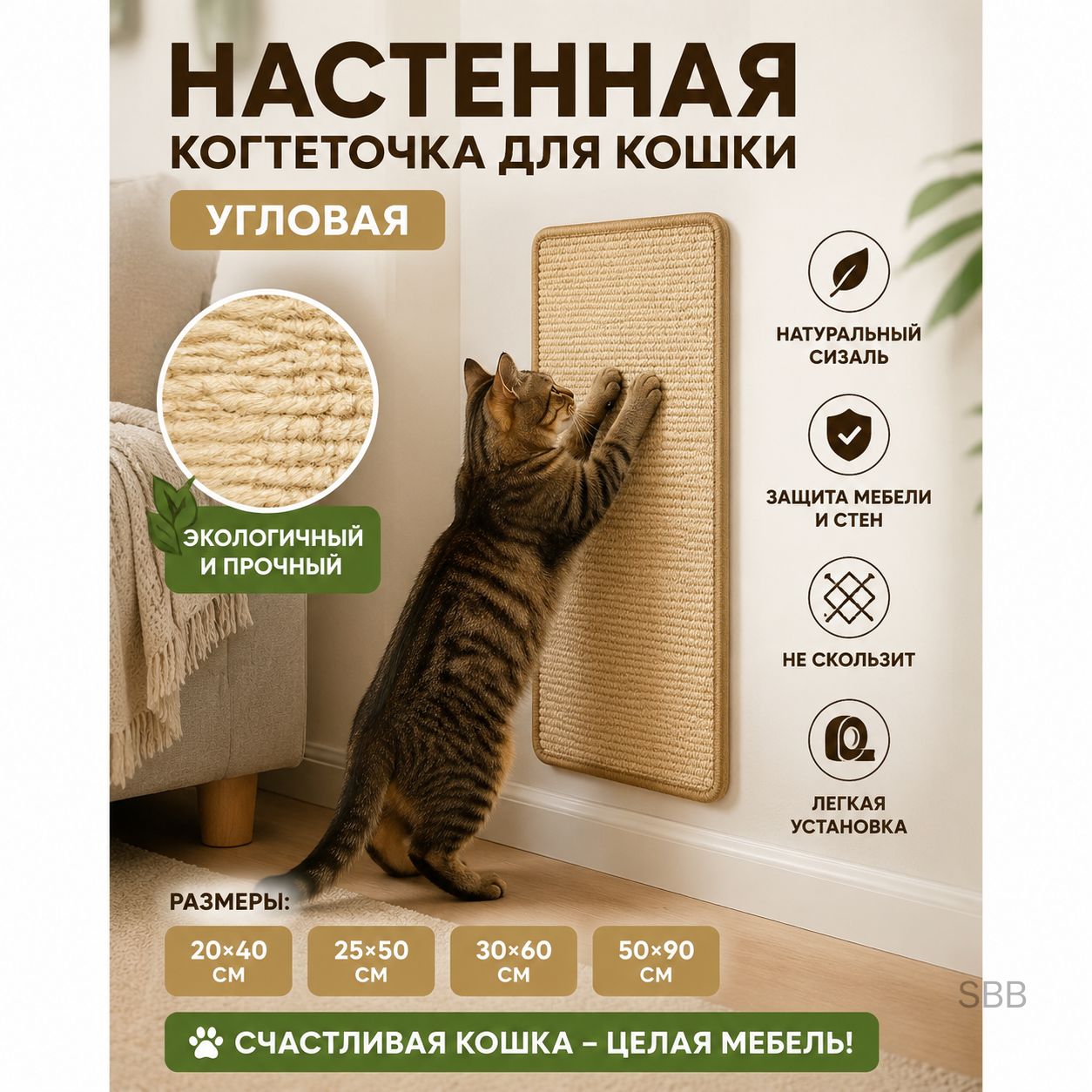 Настенная когтеточка для кошки угловая