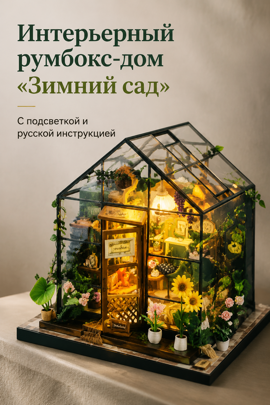 Интерьерный румбокс-дом «Зимний сад» с подсветкой и русской инструкцией