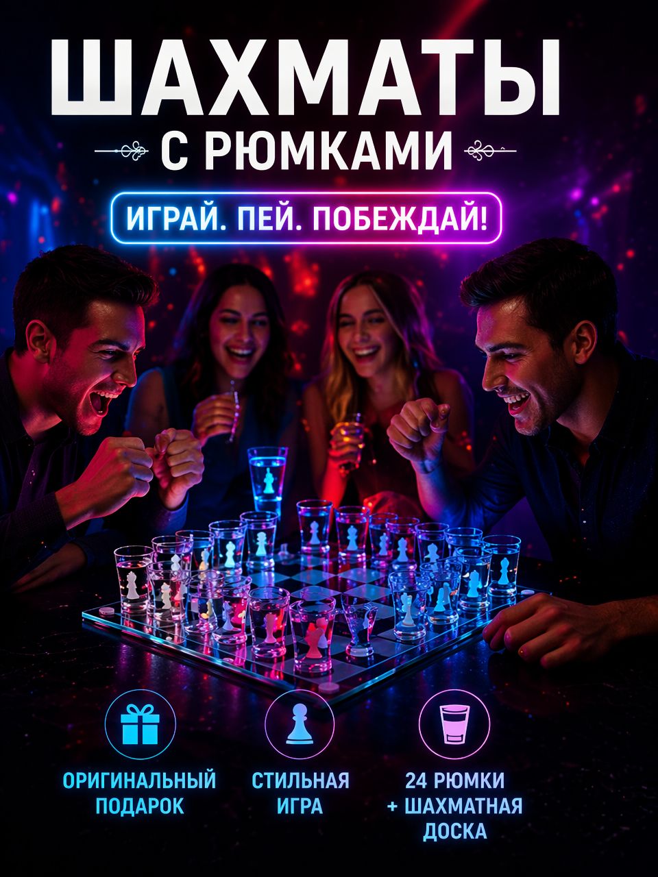 Набор шахмат из 33 предметов: стеклянная доска и бокалы-фигуры, 25 25 см, прозрачные