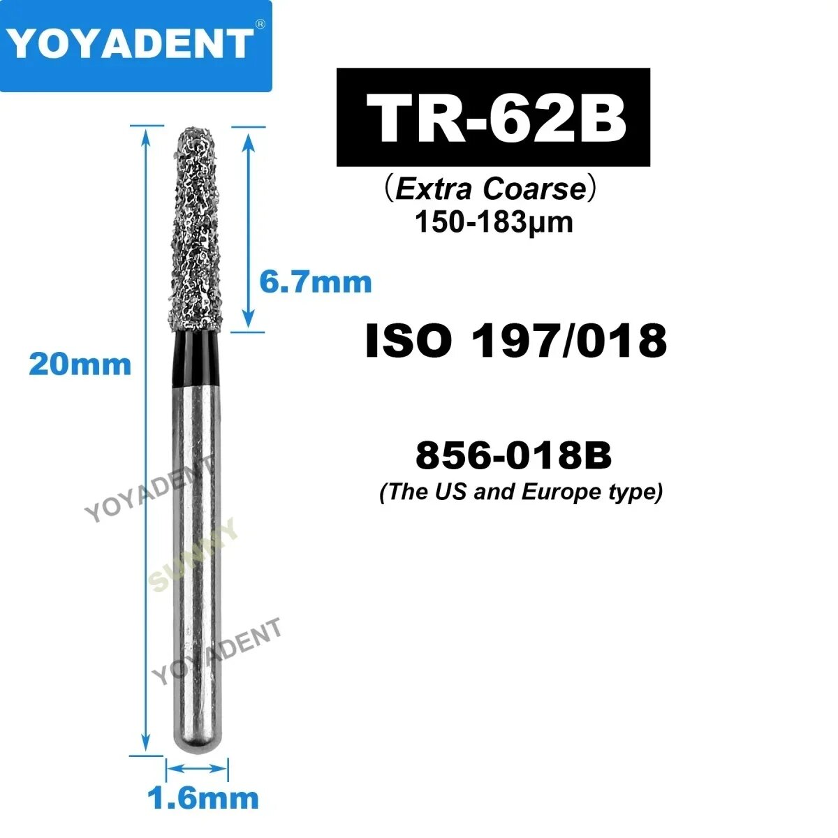 Стоматологические алмазные боры YOYADENT FG 1,6 мм, сверхгрубые, 10 шт. TR-62B 10Pcs