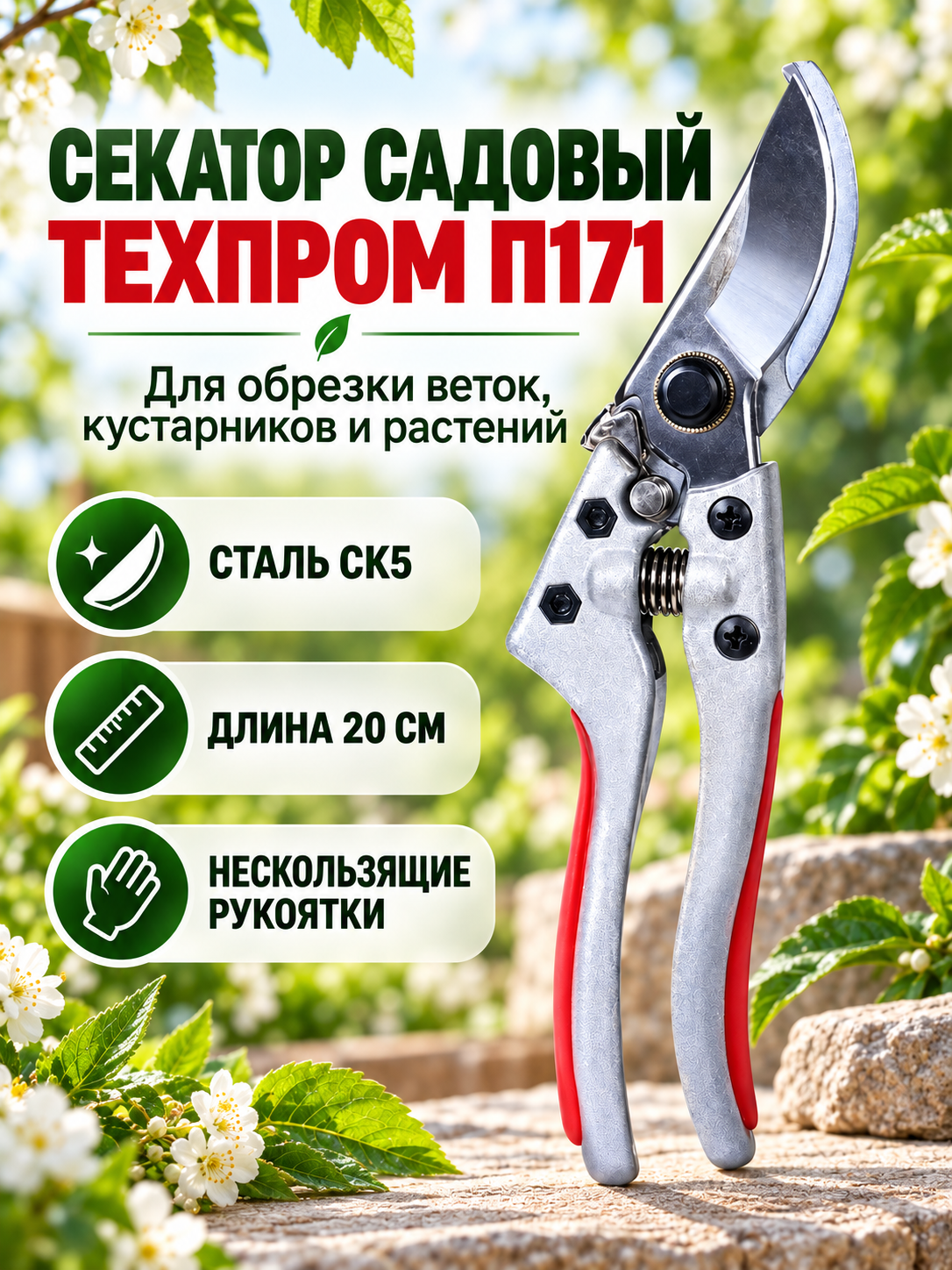 Секатор техпром P171, сталь SK5, покрытие, нескользящие рукоятки, длина 20 см