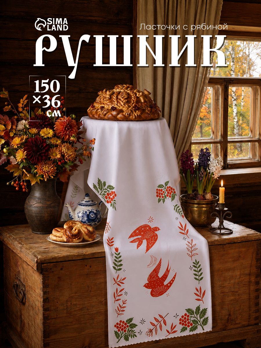 Рушник на свадьбу под каравай Ласточки с рябинкой / Рушник для венчания / 150х36 см / 100% Полиэстер