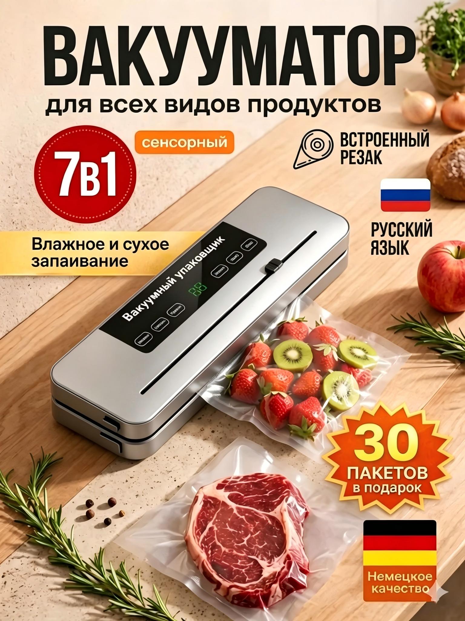 Вакуумный упаковщик 7-в-1 сенсорный со встроенным резаком, влажное и сухое запаивание, 30 пакетов в подарок