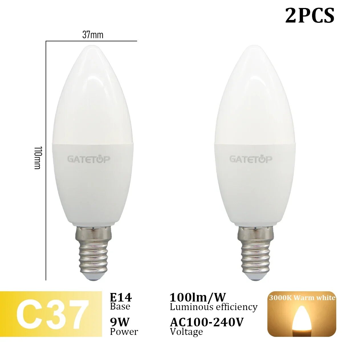 2 шт. светодиодная лампа Эдисон Gatetop 2pcs E14 3000K C37