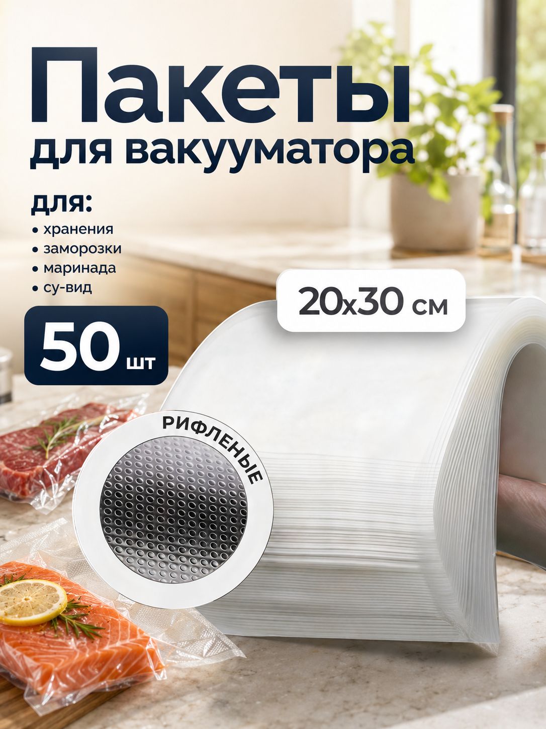 Пакеты для вакууматора рифленые, для хранения и заморозки продуктов, прозрачные 20х30 50 штук