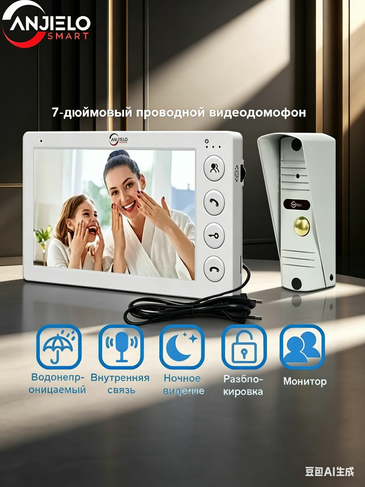 ANJIELOSMART Видеодомофон, 640x480, 7', Проводное подключение, Без трубки, белый