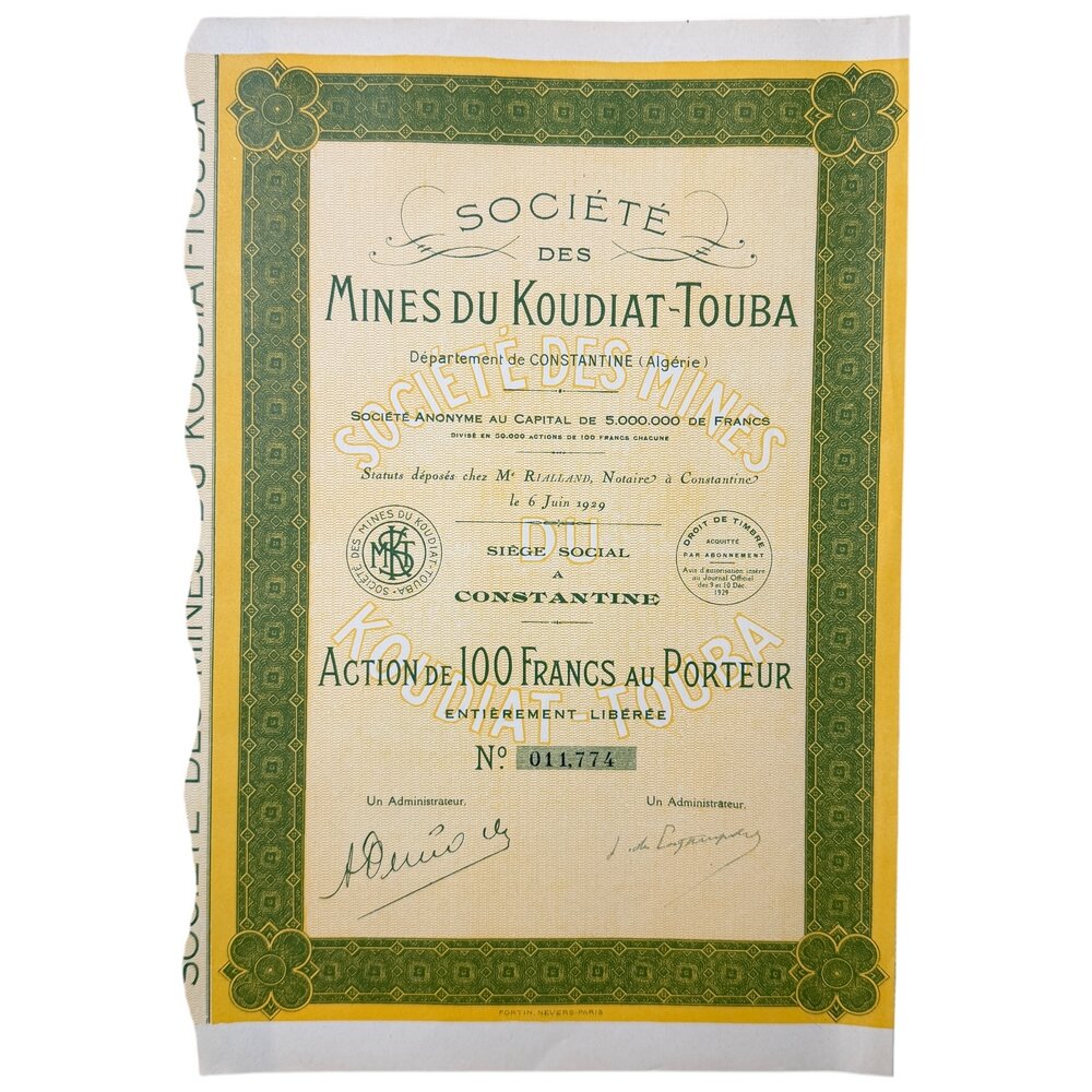 Алжир, Societe des Mines du Koudiat-Touba, сертификат на 1 акцию 1929 г.