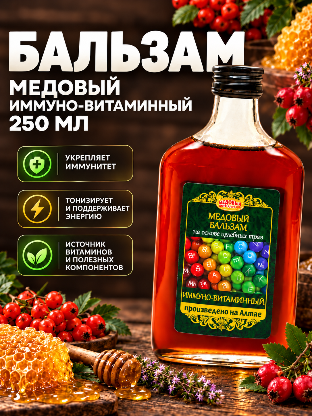 Бальзам Медовый край "Иммуно-витаминный", для иммунитета, 250мл