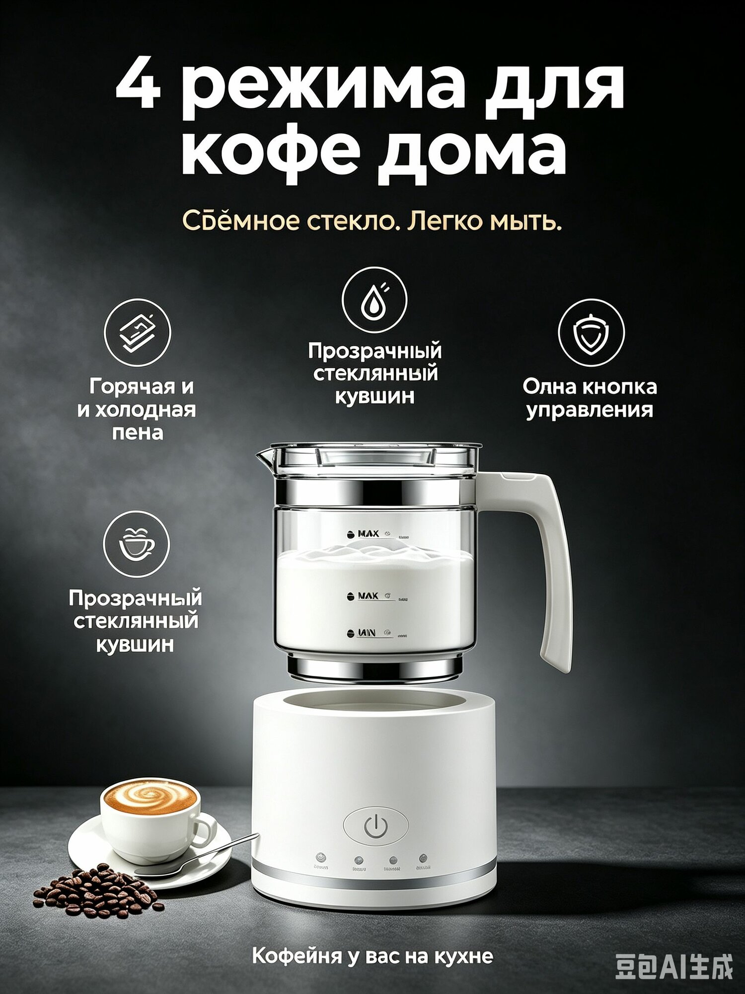 Автоматический вспениватель молока со съёмным стеклянным кувшином