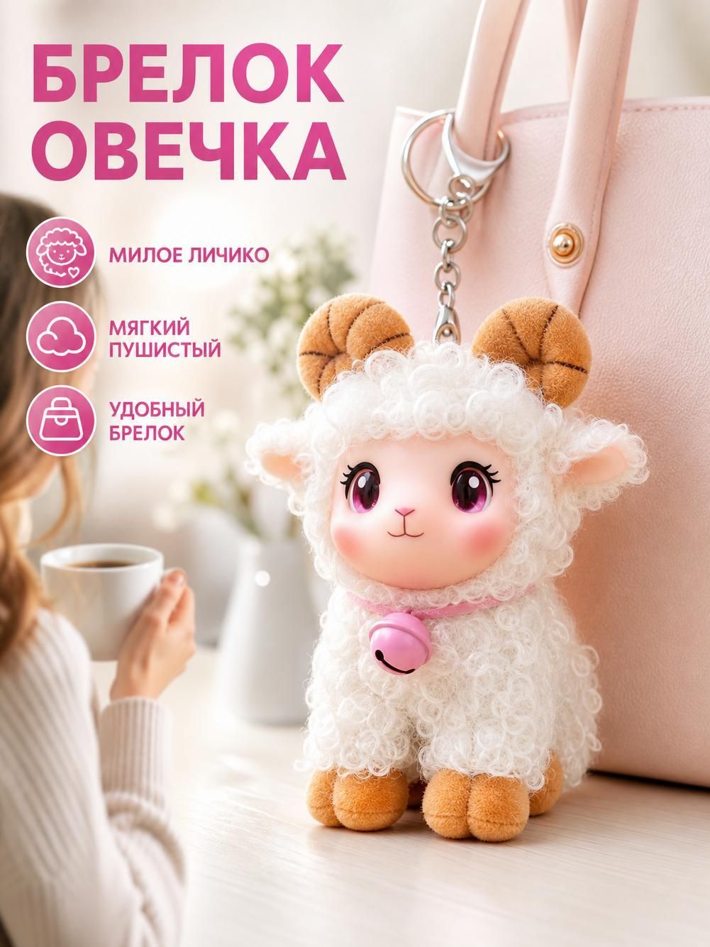 Брелок овечка плюшевая 18 см, мягкая игрушка подвеска на сумку и рюкзак, брелок на ключи с колокольчиком