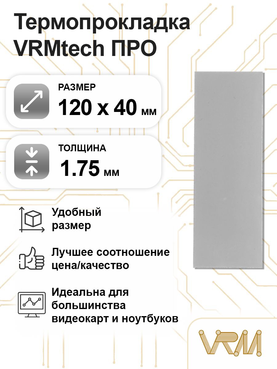 Термопрокладка 1.75 мм 120х40 мм для видеокарты, для отвода тепла от процессора и чипов, для эффективного отвода тепла