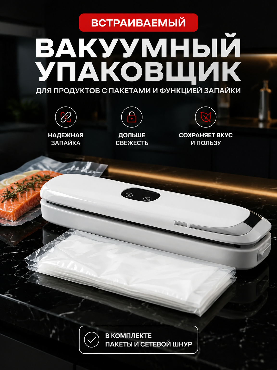 Встраиваемый вакуумный упаковщик для продуктов с пакетами и функцией запайки