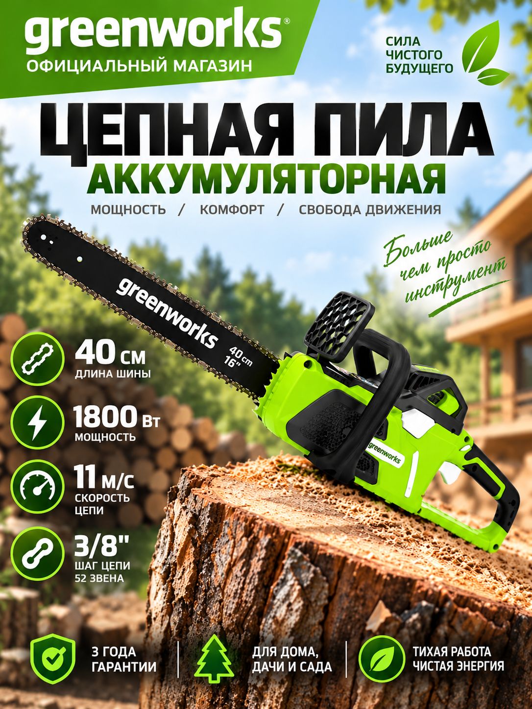 Пила аккумуляторная цепная, подходит для Greenworks 40V CSF401 , 40 см, бесщеточная, до 1,8 КВТ, без АКБ и ЗУ