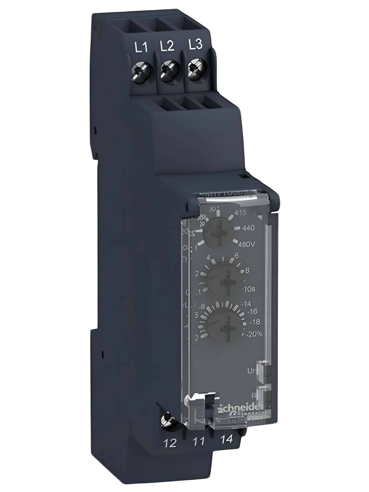 RM17TA00 Schneider Electric, Реле контроля 3-фазной сети: Un 380V AC, без нейтрали; контроль: обрыва, чередования, асимметрии фаз; рег. срабатывания 0.1-10сек; контакт: 1CO.
