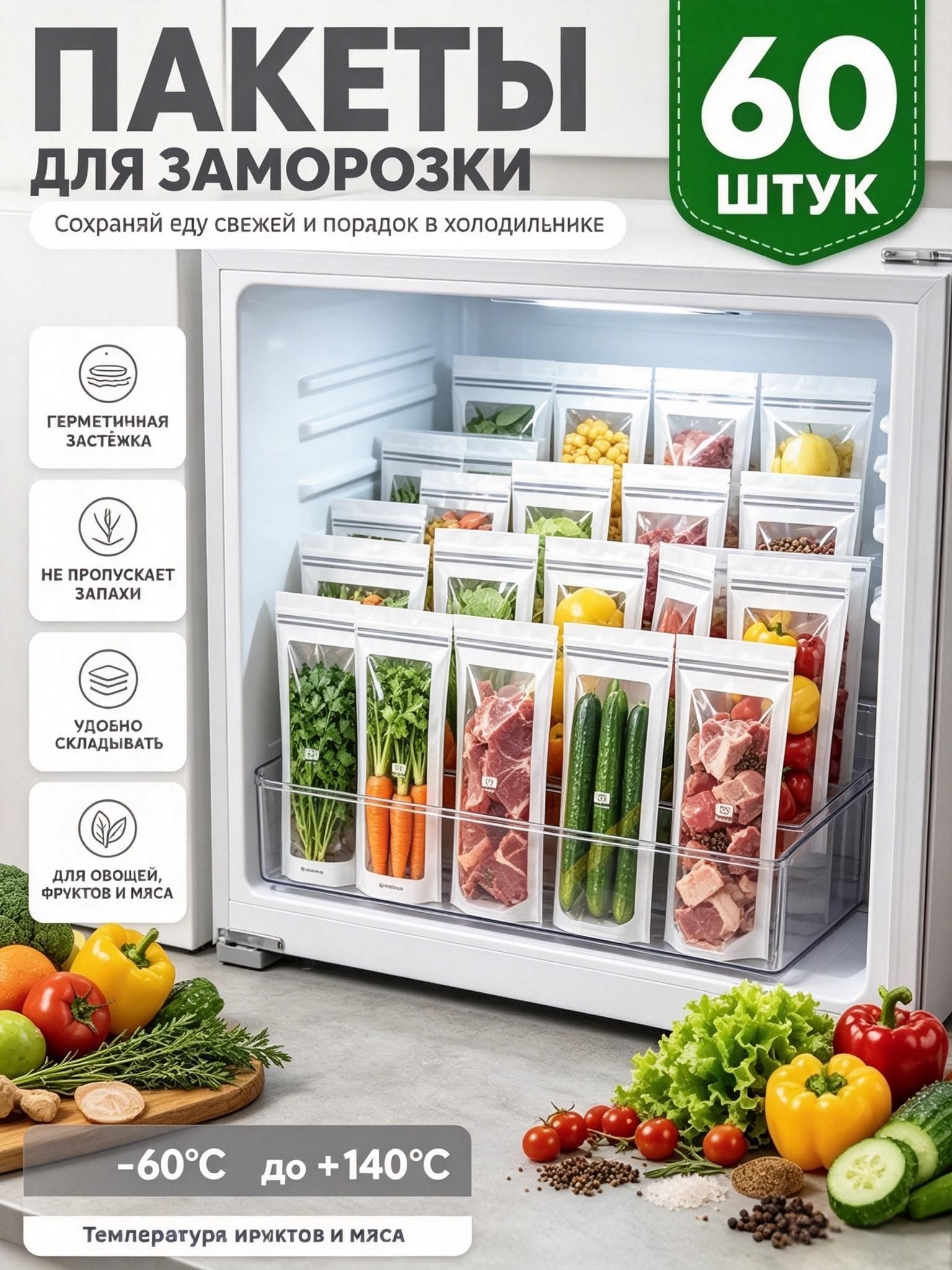 Пакеты для заморозки, 60 шт, 10 мкм