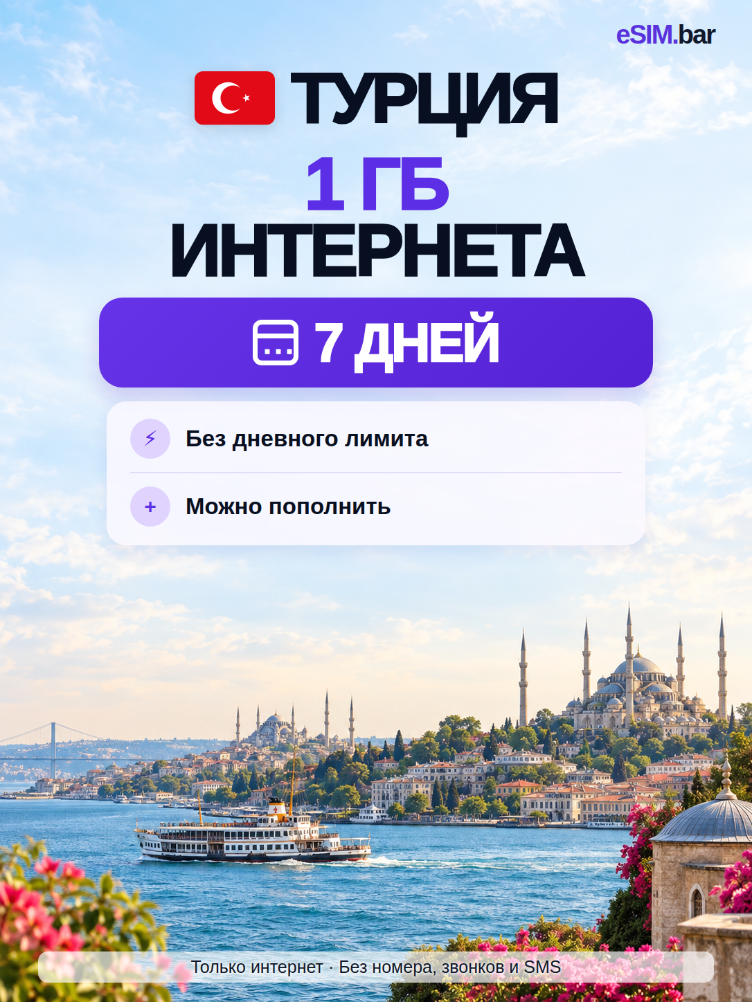 ESIM для Турции — 1 ГБ на 7 дней, без дневного лимита, с пополнением