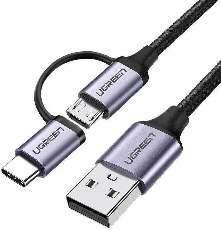 Кабель UGREEN US177, USB Type-C (m)/micro USB (m) - USB (m), 1м, 3A, черный
