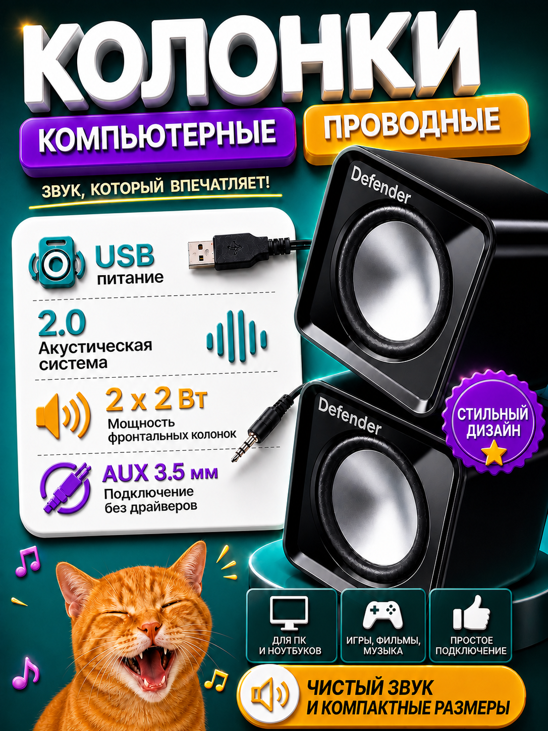 Компьютерные колонки компактные USB, проводные, корпус пластик, мощность 4вт чёрный