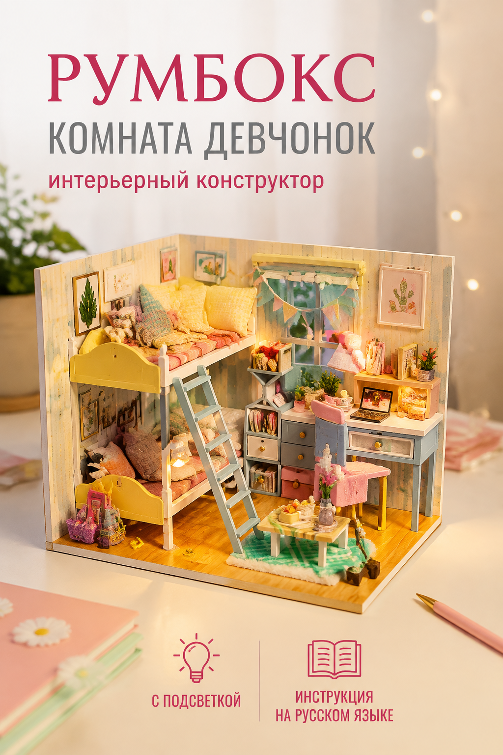 Интерьерный конструктор румбокс «Комната девчонок» с подсветкой и русской инструкцией