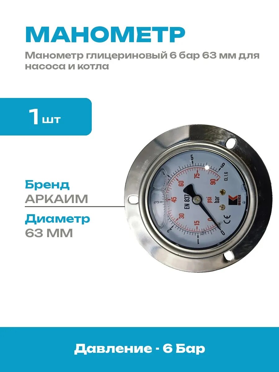 Манометр гидравлический виброустойчивый 6 бар 63 мм G 1/4