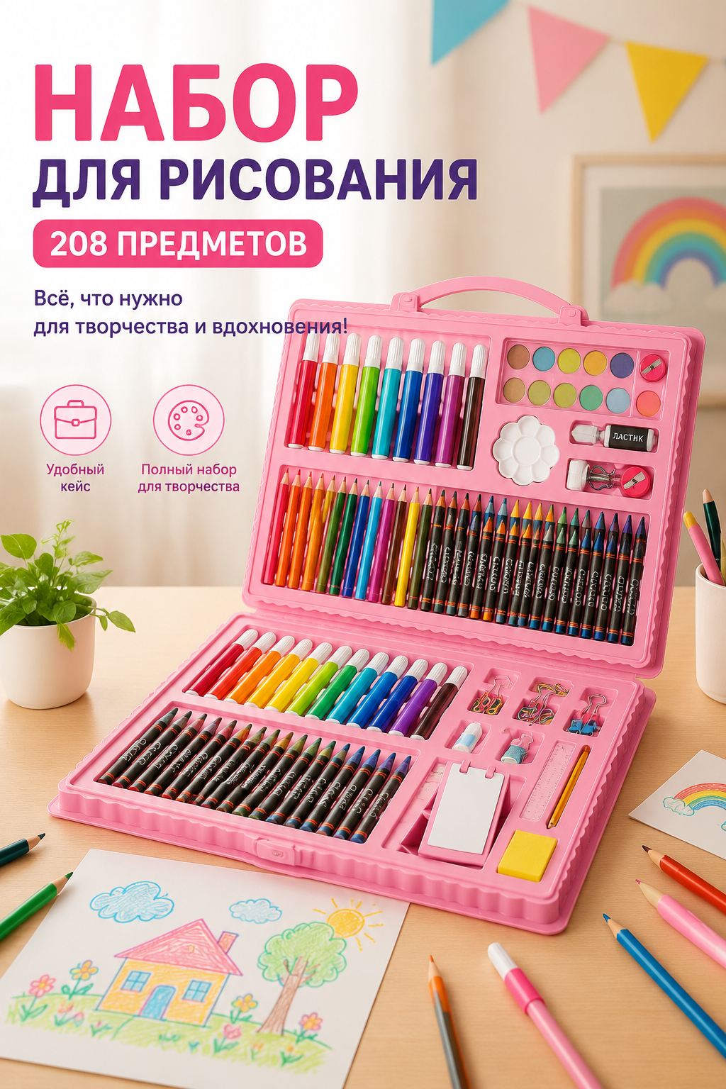 Детский набор для рисования и росписи в розовом кейсе, 208 предметов