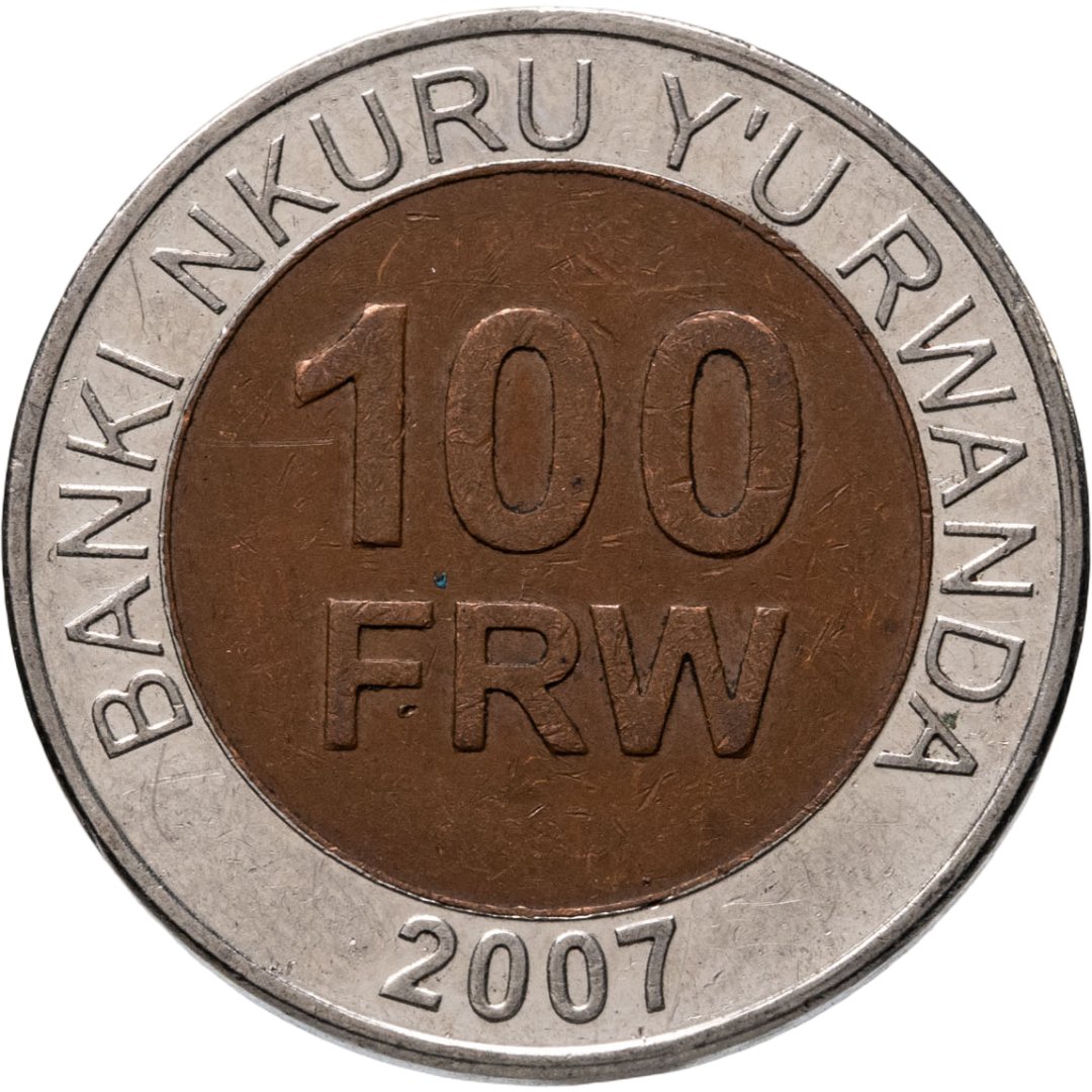 Руанда 100 франков francs 2007, Биметалл, в сохранности XF