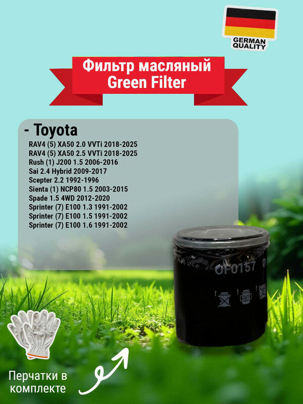 Масляный фильтр для Toyota RAV4, Rush, Sai, Scepter, Sienta, Spade, Sprinter с двигателем 2.0 VVTi, 2.5 VVTi, 2.4 Hybrid, 1.5 4WD, 1.6