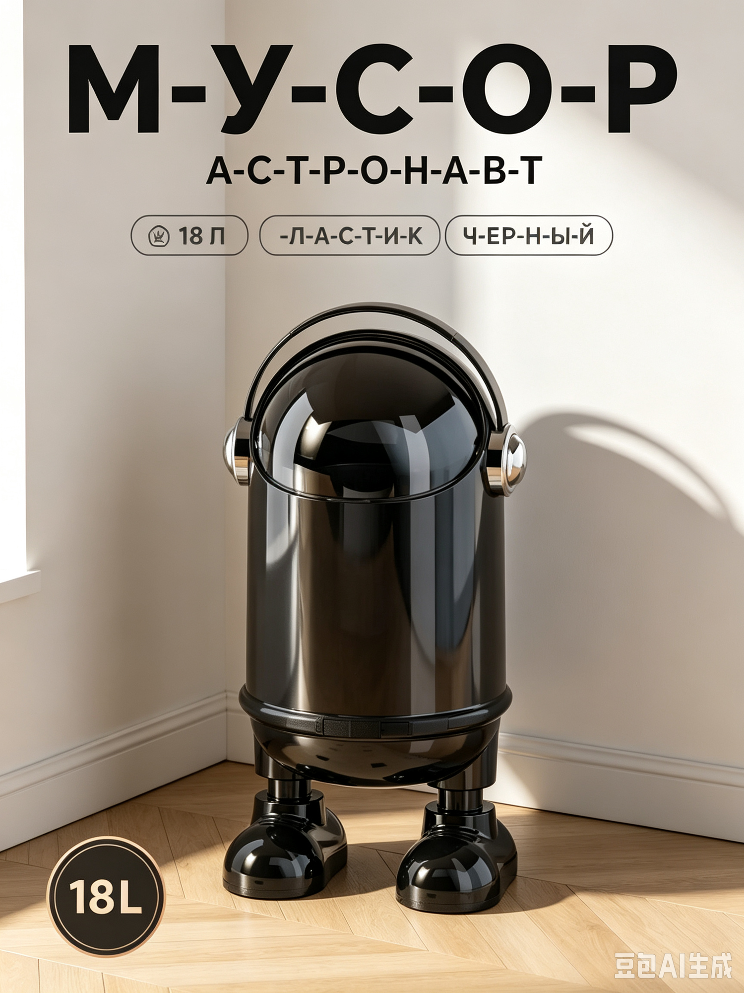 Мусорное ведро Creative astronaut, пластиковое, с крышкой, черное, 18 л, 1 шт