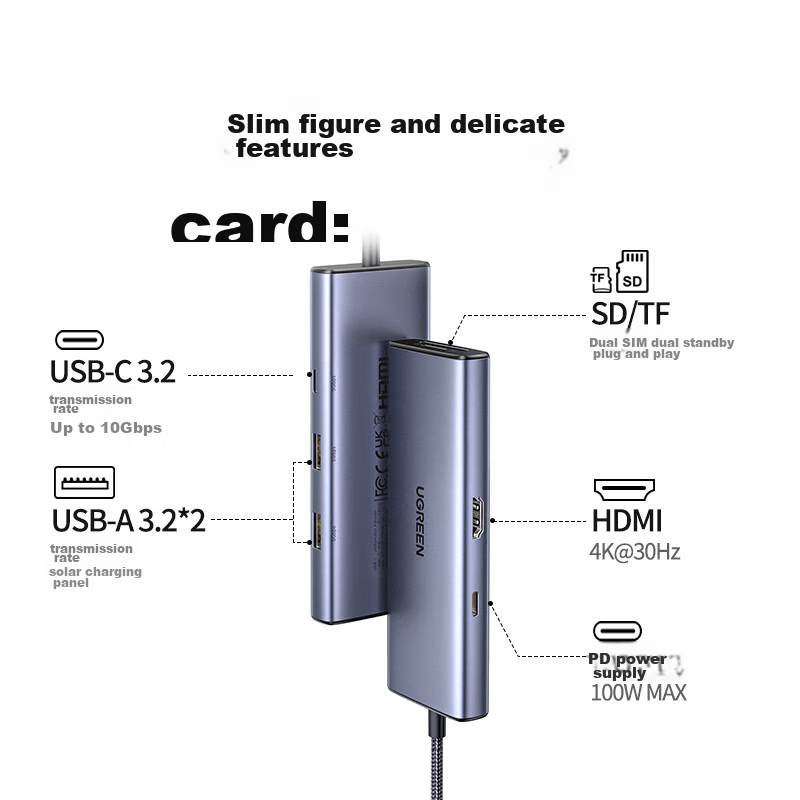 UGREEN Type-C 3.2 Расширительная станция USB 3.2 Thunderbolt 4 Хаб 10Гбит/с Высокоскоростной адаптер 4K HDMI Конвертер