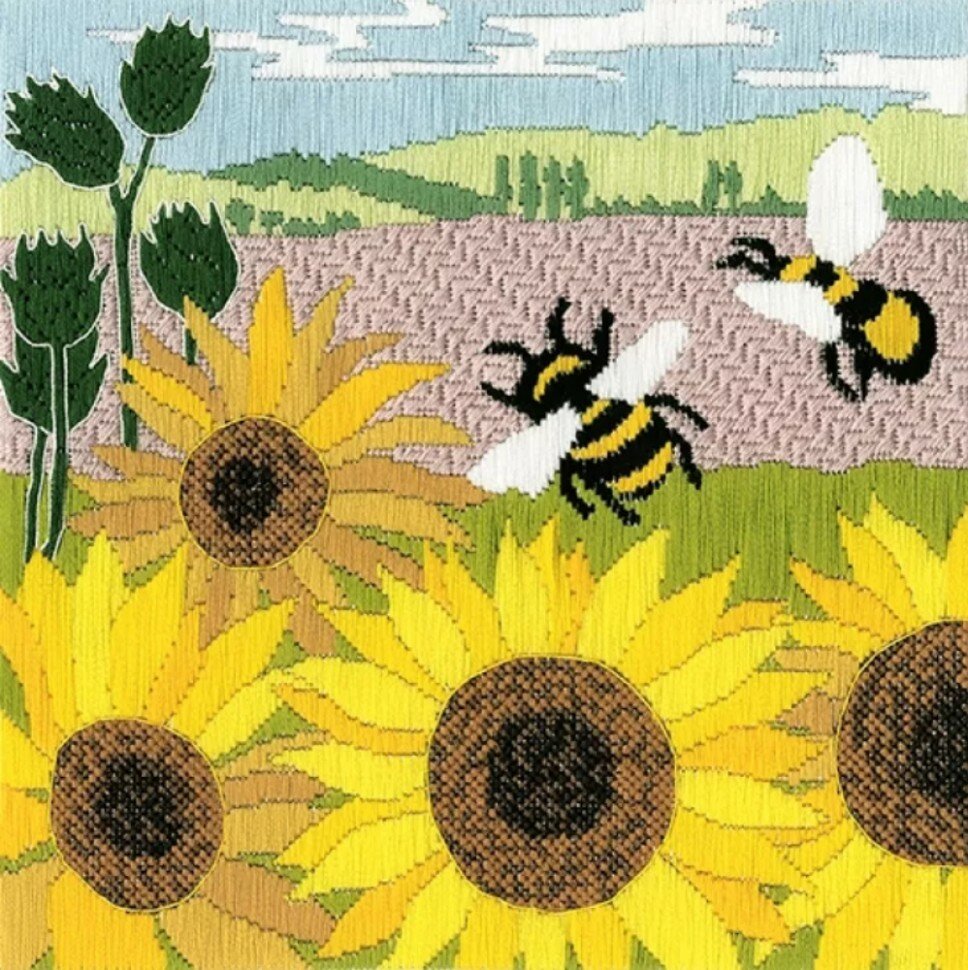 Набор для вышивания Bothy Threads #SSKH4 Sunflower Fields (Поля подсолнухов), Длинный стежок, 19 х 18.5 см