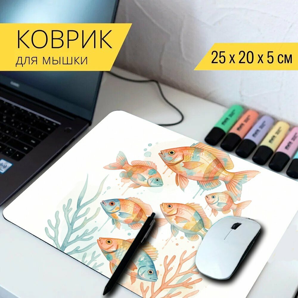 Коврик для мыши с принтом "Акварельные рыбы среди кораллов. Нежная морская композиция с несколькими разноцветными рыбками, подводными водорослями и коралловыми ветвями." 25x20см.