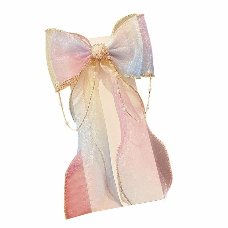 (1 шт.) Заколка для волос "Радужный бант" с лентами для кос и хвоста - светло-голубая лента с шестиконечными звездами